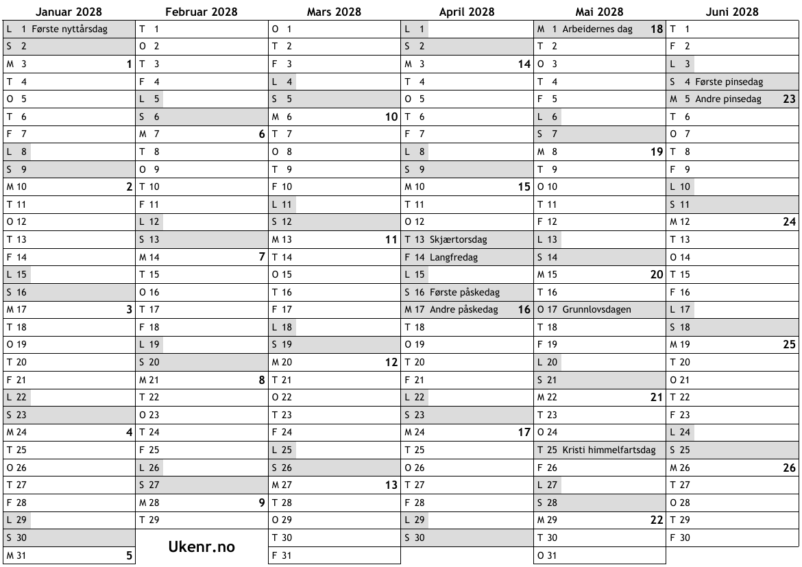 Kalender for 2028 med helligdager og ukenumre … online ukekalender ...